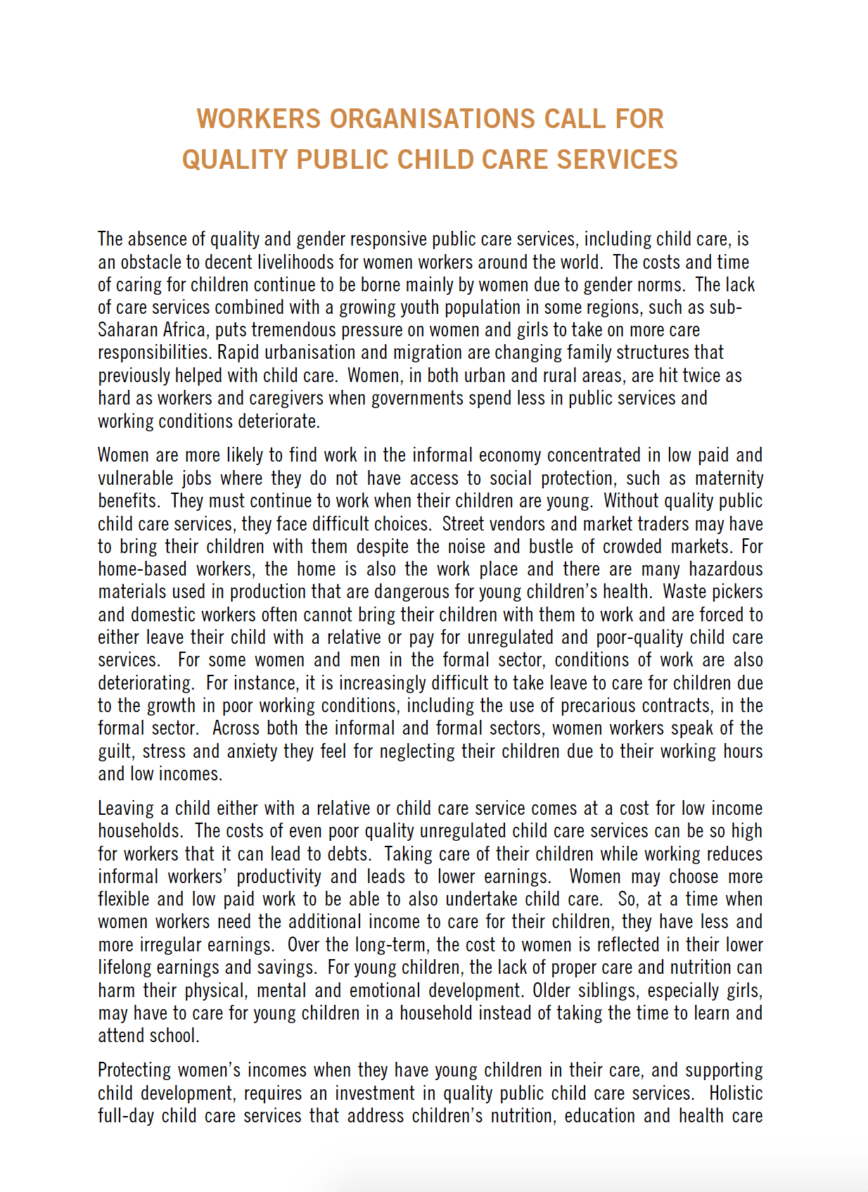 Workers Organizations Call for Quality Public Child Care Services - WIEGO