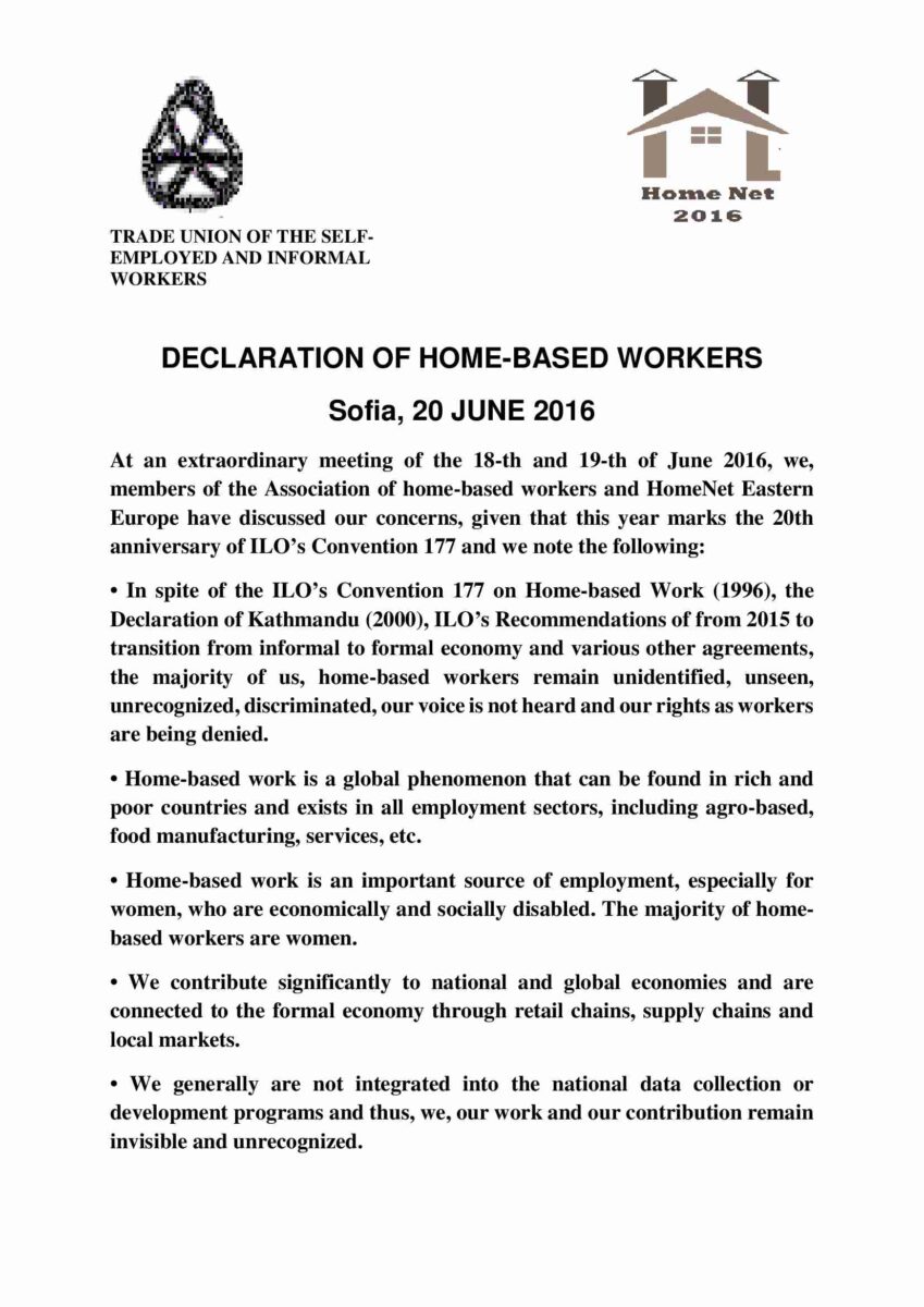 Declaration of Home-Based Workers - Sofia, June 2016 - WIEGO