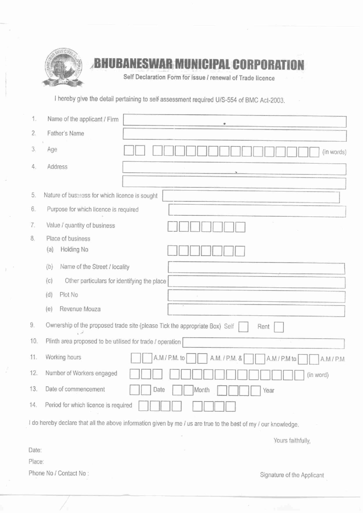 Bhubaneswar Municipal Corporation Self Declaration Form for Renewal of ...