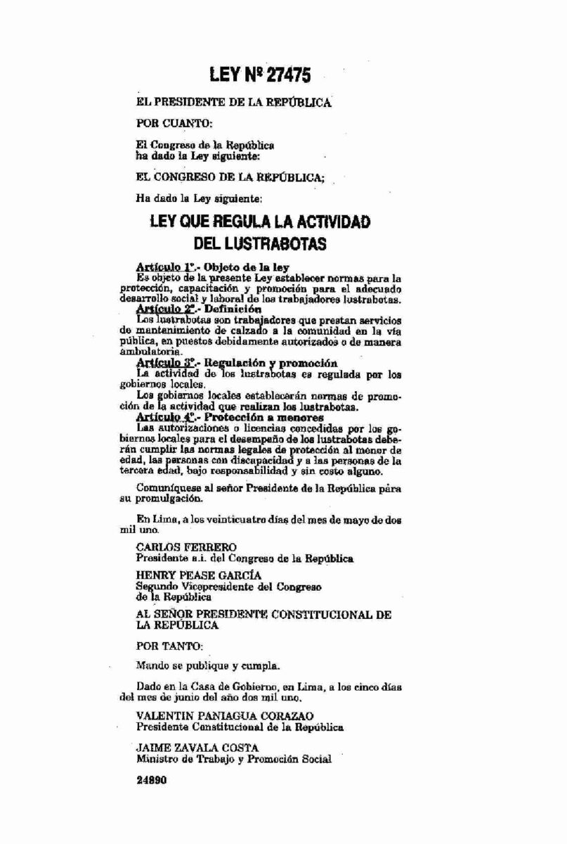 Ley No 27475: Que Regula la Actividad de Lustrabotas, Perú - WIEGO