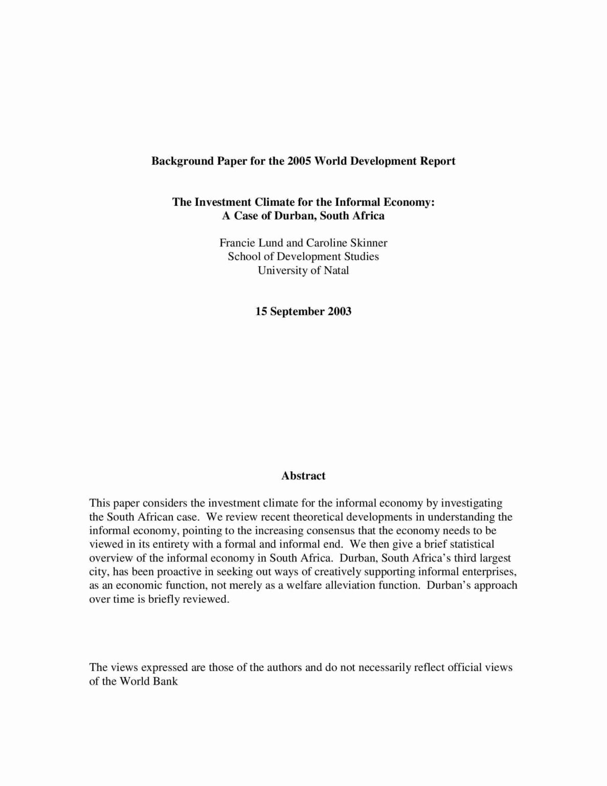 The Investment Climate for the Informal Economy: A Case of Durban ...