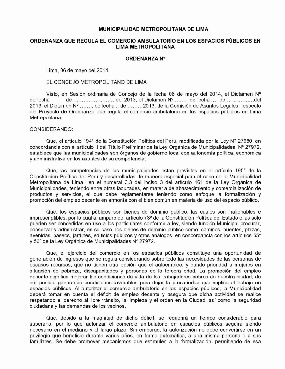 Proyecto de ordenanza que regula el comercio ambulatorio en los espacios públicos en Lima, Perú ...