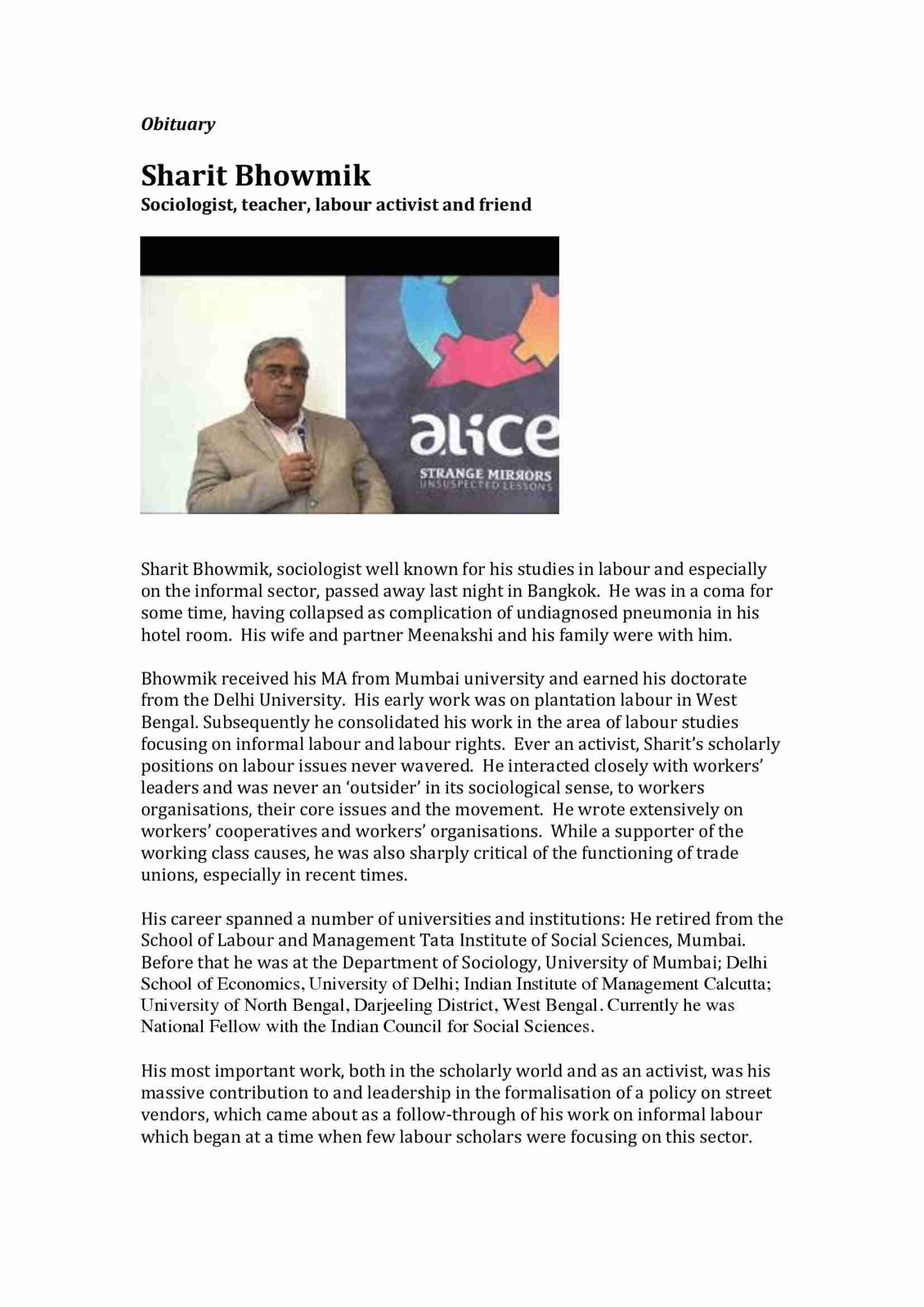 Sharit Bhowmik Obituary - WIEGO