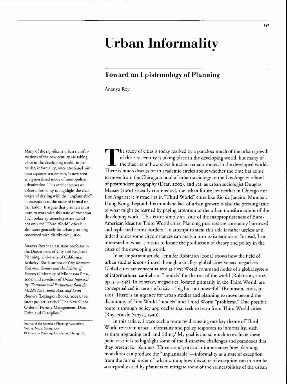 Urban Informality: Towards an Epistemology of Planning - WIEGO