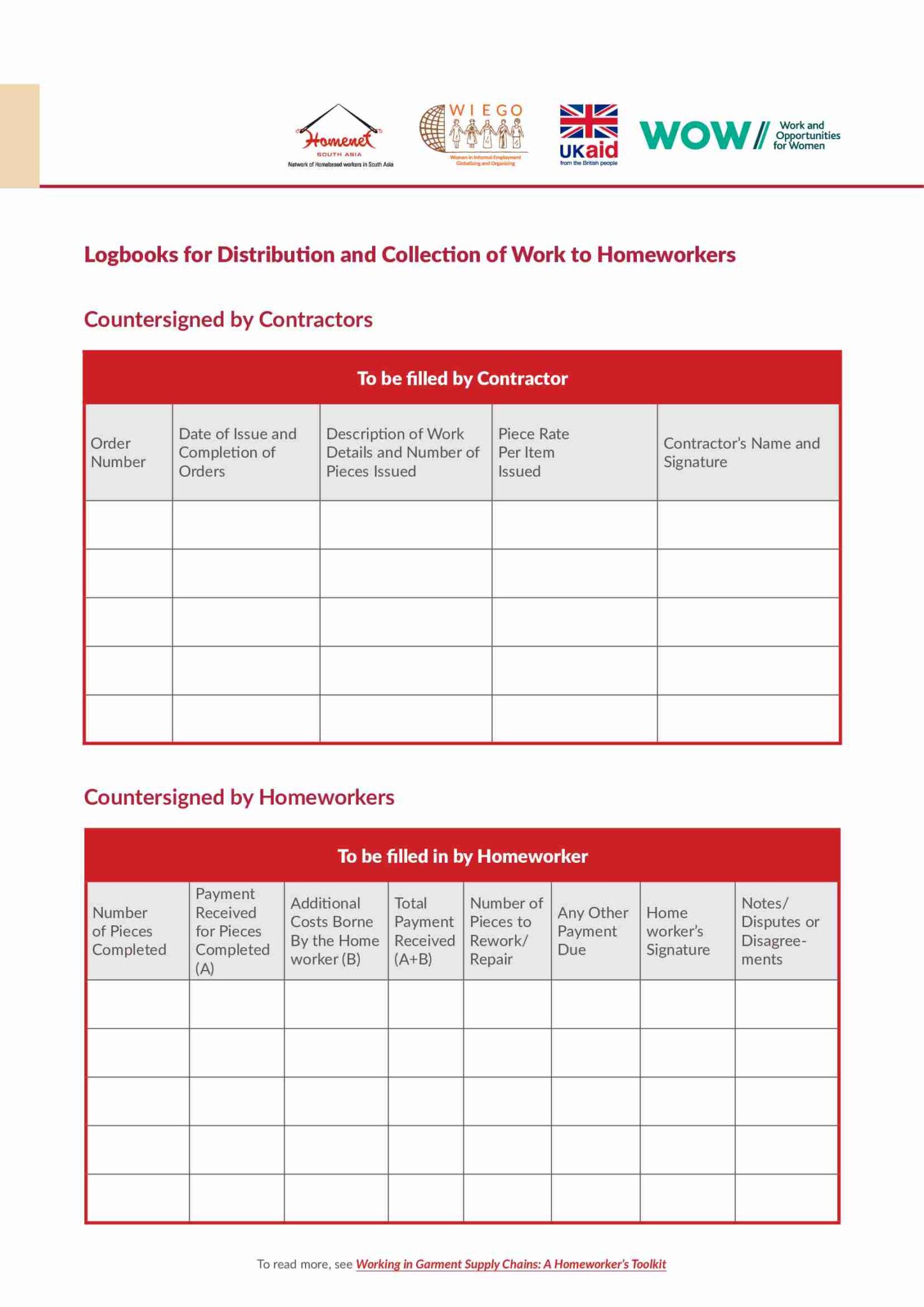 Sample Logbooks for Distribution and Collection of Work - WIEGO