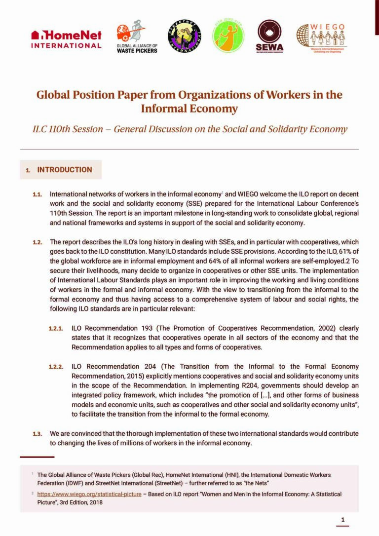 Global Position Paper from Organizations of Workers in the Informal ...